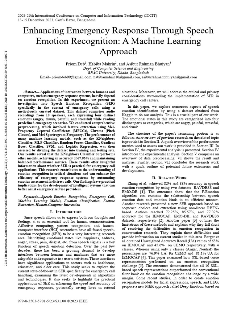 Enhancing Emergency Response Through Speech Emotion Recognition A ...