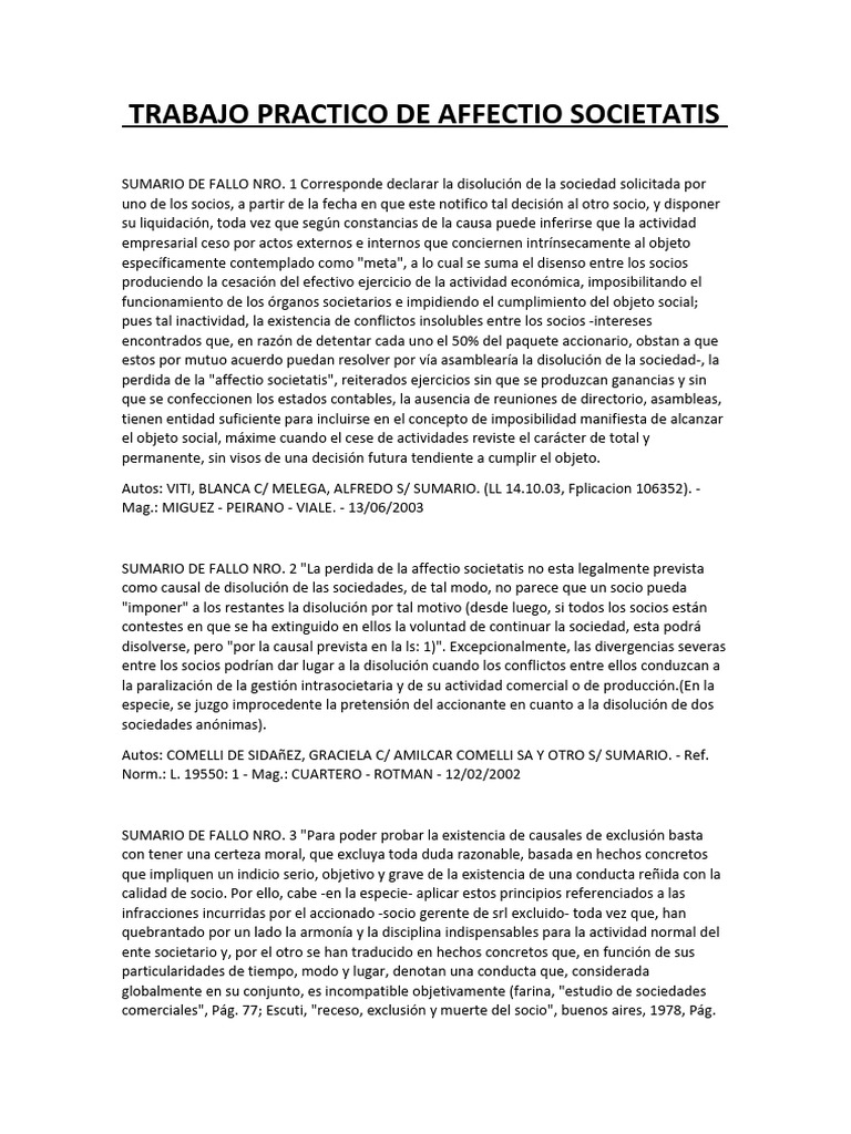 Compilación Fallos Affectio Societatis | PDF