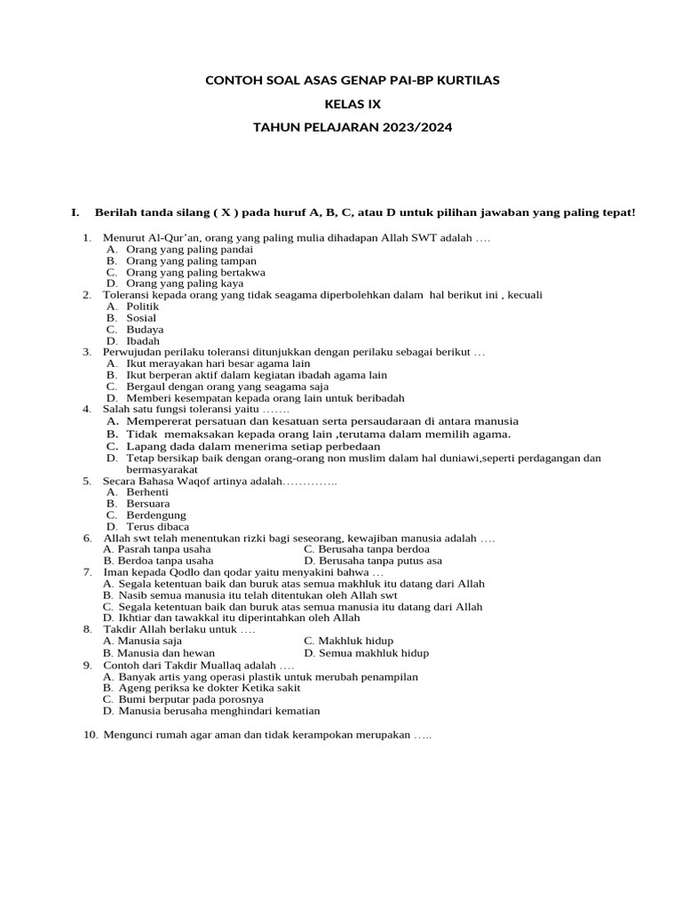 Contoh SOAL PTS PAI 9 Kurtilas SEM GENAP 23 24 GusYul | PDF