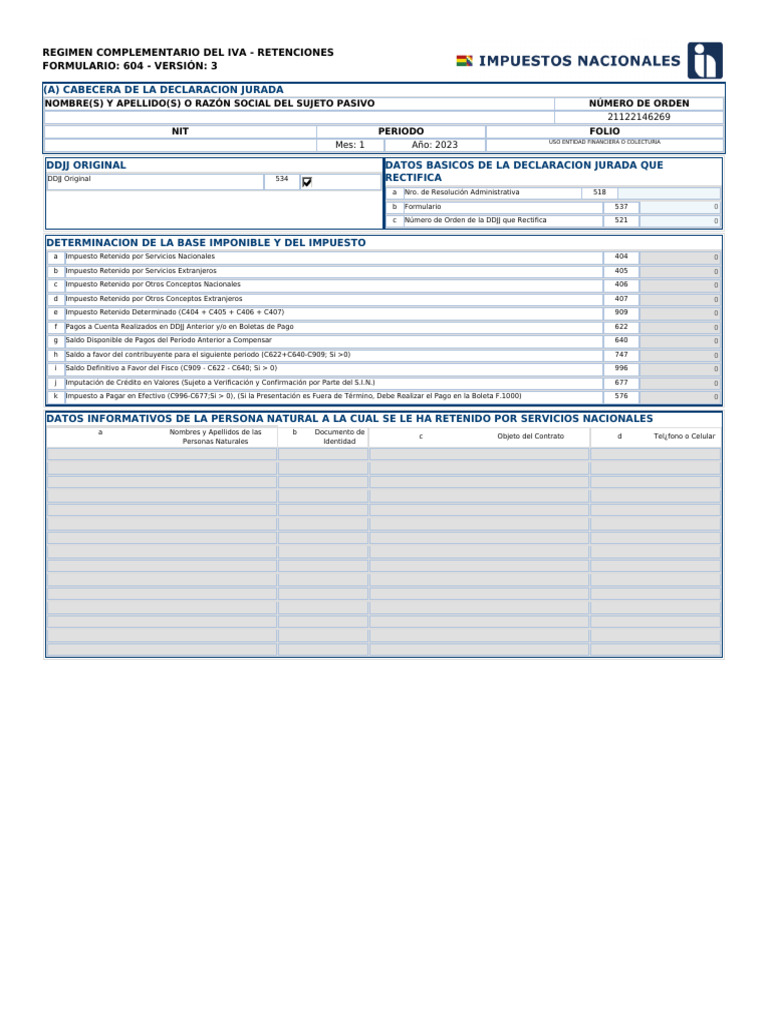 (A) Cabecera de La Declaracion Jurada: Regimen Complementario Del Iva ...