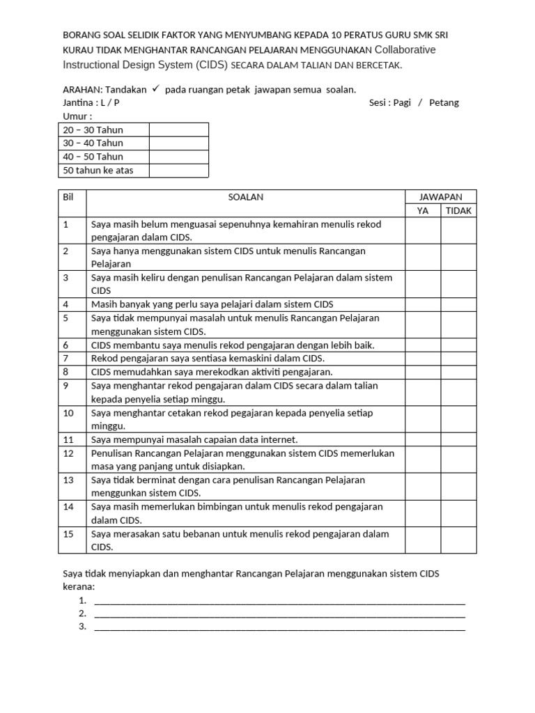 BORANG SOAL SELIDIK Respon Utama Collaborative Instructional Design System | PDF
