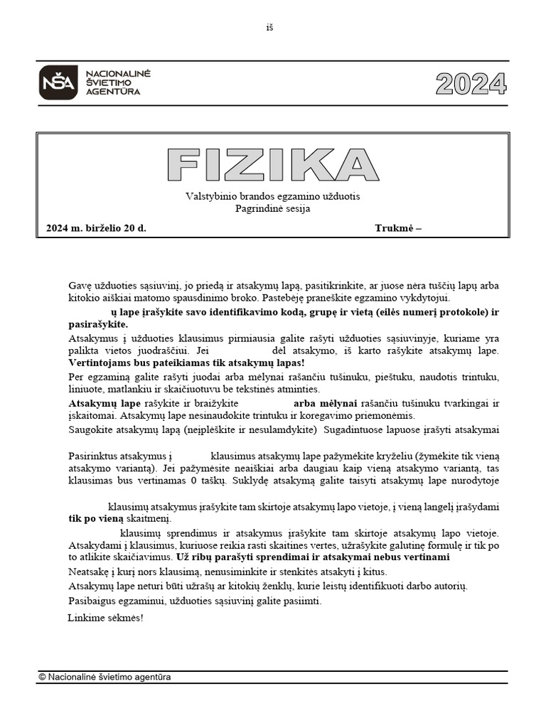 VBE Fizika 2024 Pagrindine | PDF