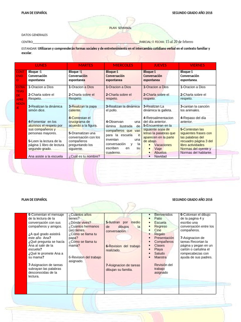 Planes de Clase Español (Segundo Grado) | PDF