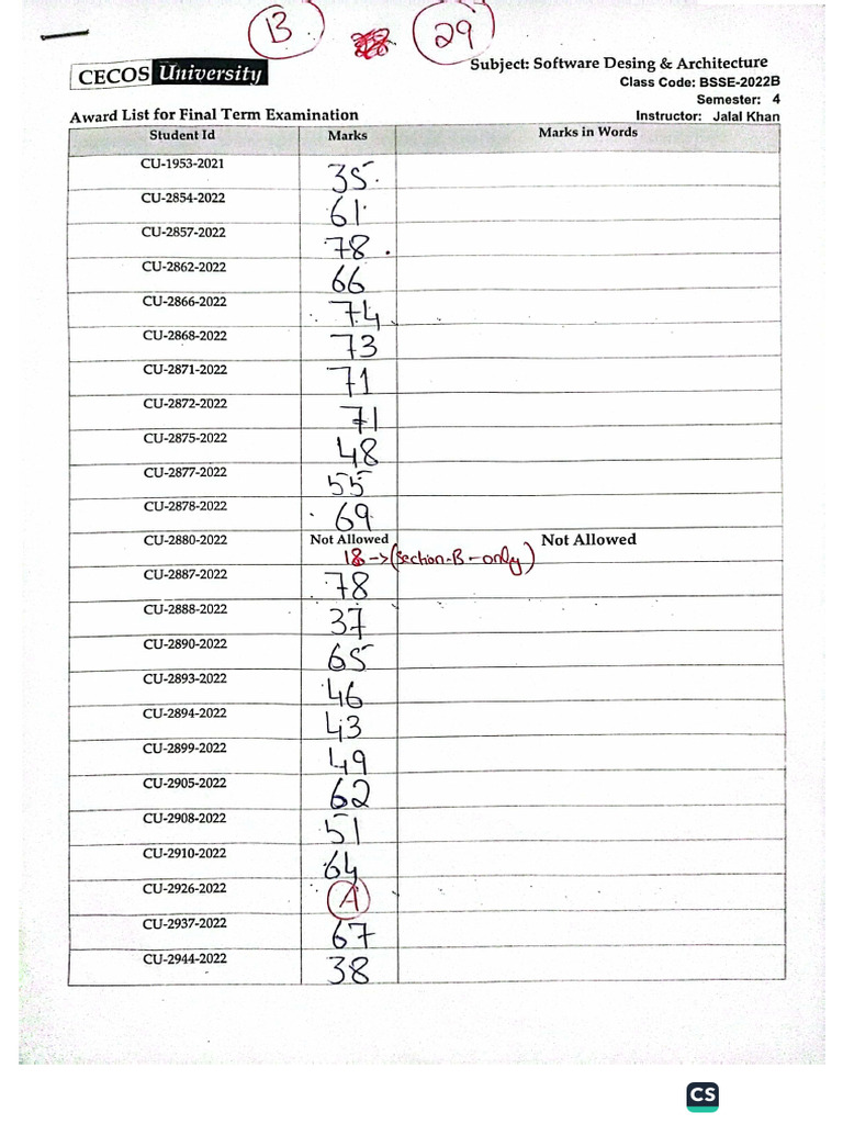 Section B Final Paper Marks | PDF