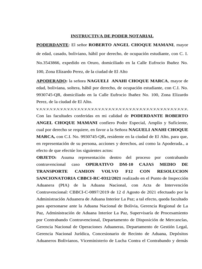 Instructiva de Poder Roberto Choque Mamani | PDF