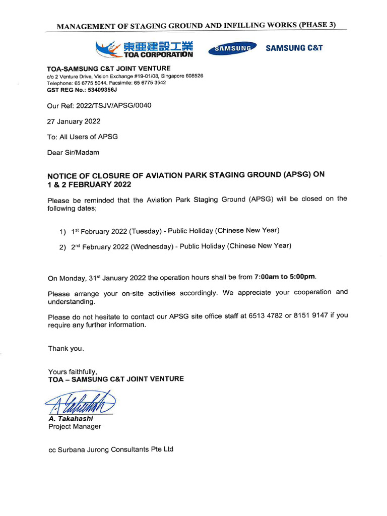0040-Notice of Closure of Aviation Park Staging Ground (Apsg) On 1 & 2 ...