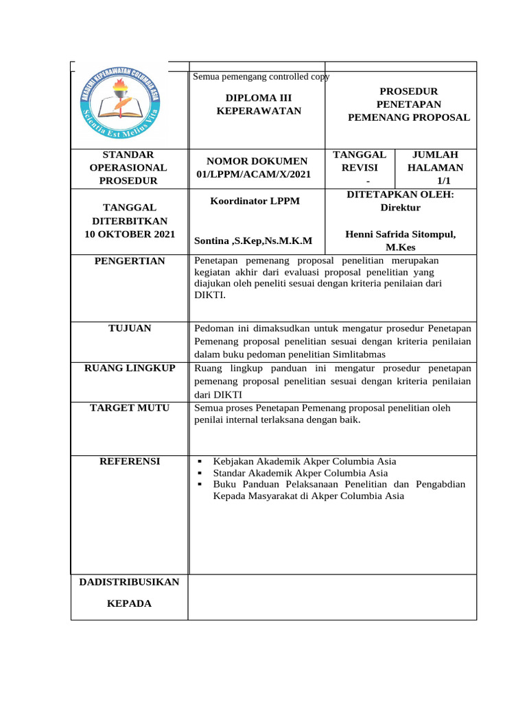 Sop Penetapan Pemenangan Proposal Penelitian | PDF