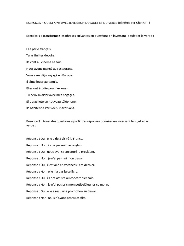 Exercices de questions avec inversion sujet verbe en FLE | PDF