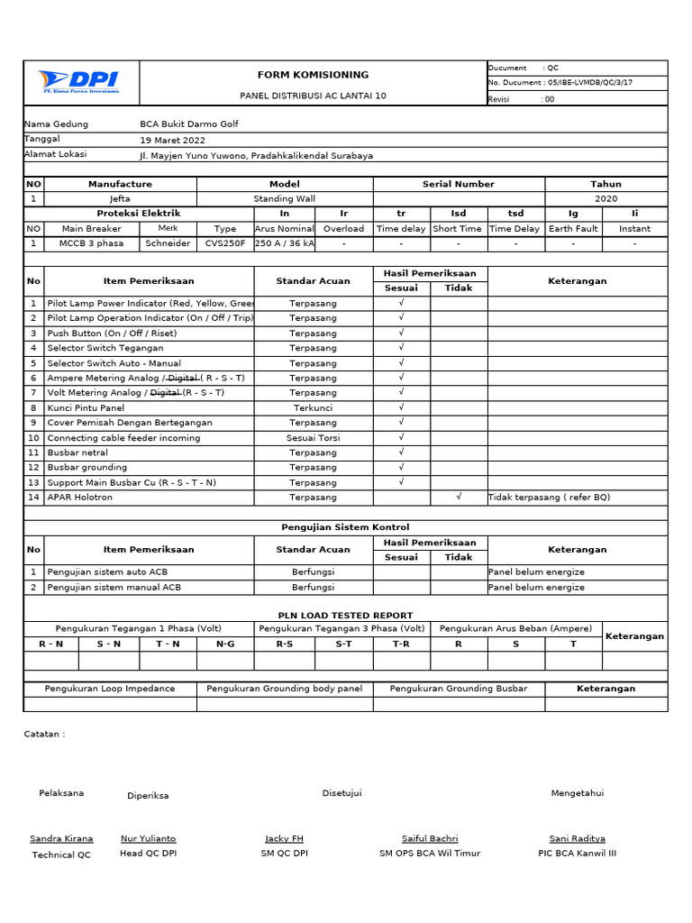 Form Komisioning Panel Distribusi AC Lantai 10 | PDF