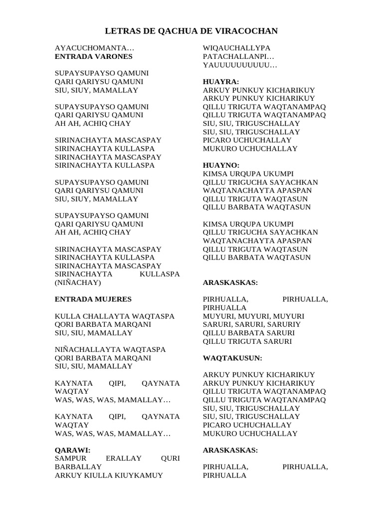 Letras Tradicionales de Qachua Ayacucho | PDF