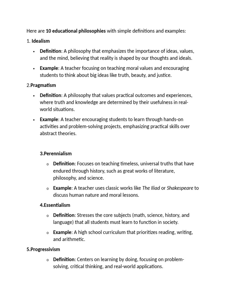 10 educational philosophies with simple definitions and examples | PDF