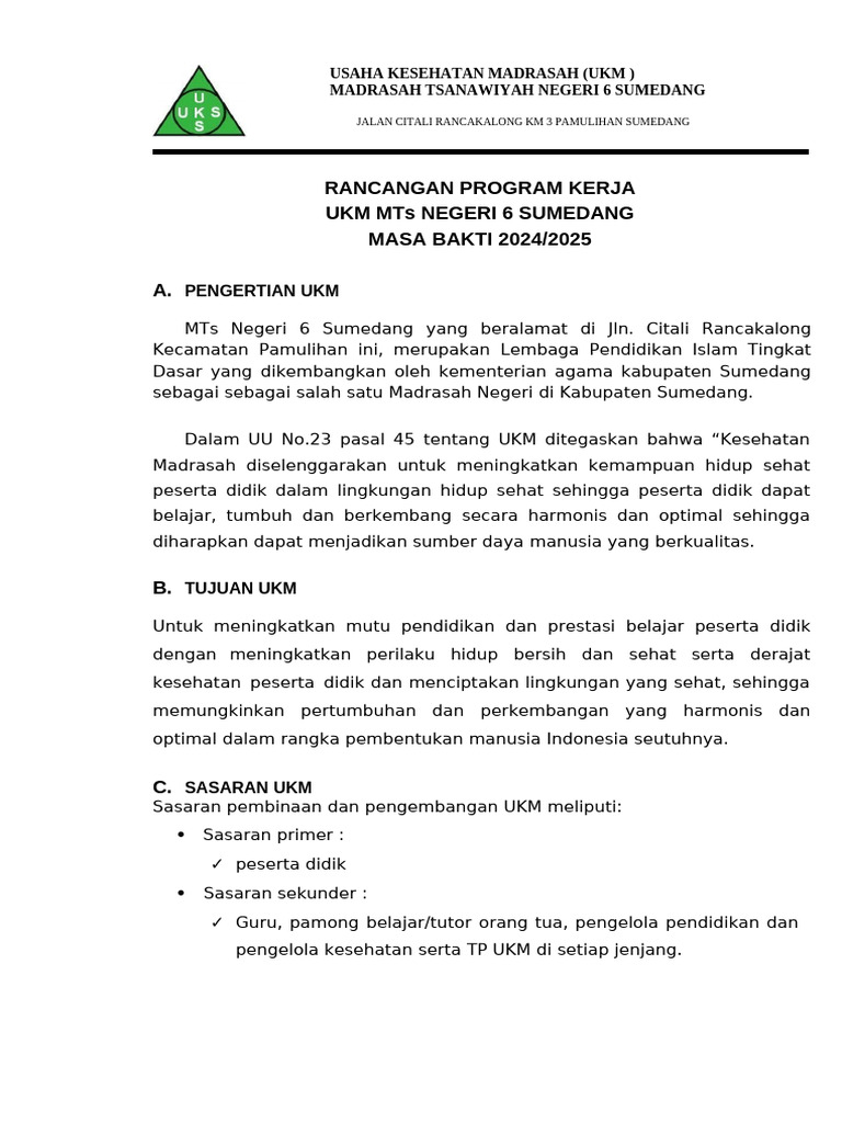 contoh program kerja UKS | PDF