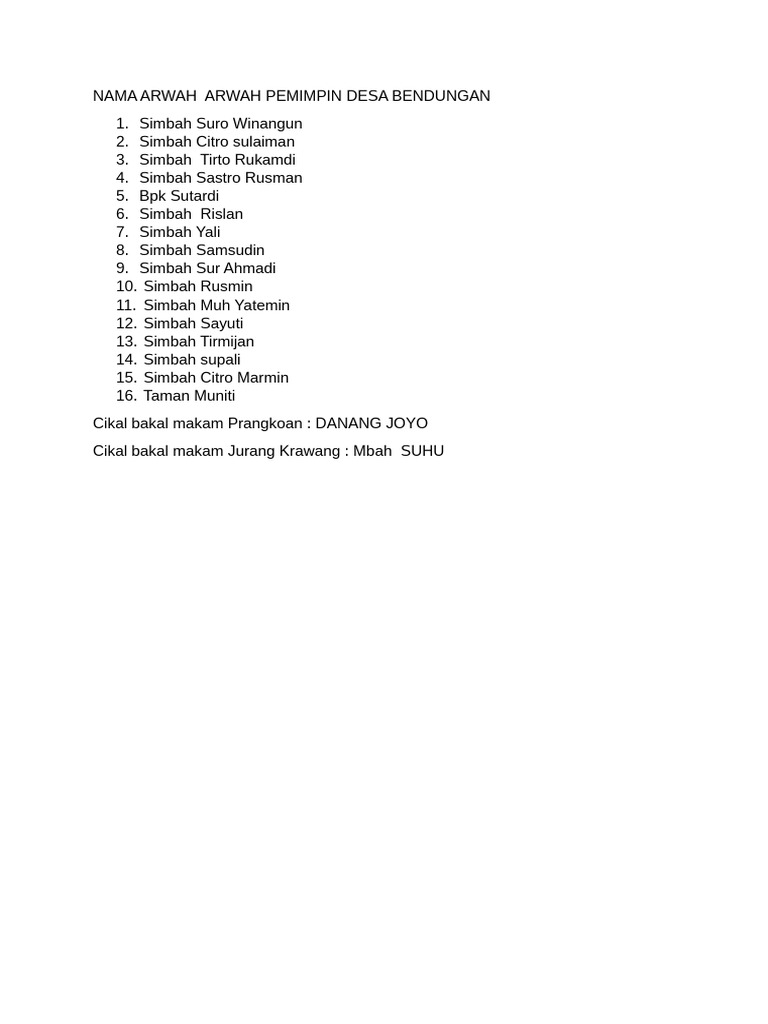 Nama Arwah Arwah Pemimpin Desa Bendungan | PDF