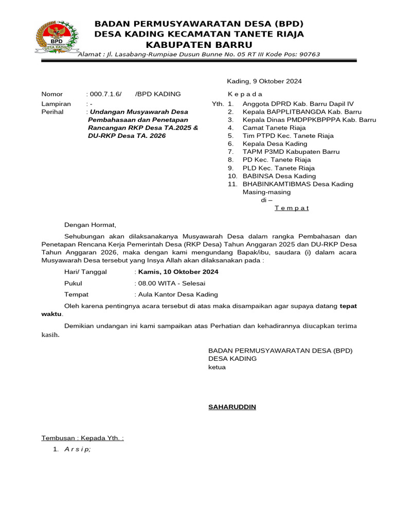 Undangan Musdes Pembahasan Dan Penetapan Rancangan RKP Desa Dan Du-Rkp Desa 2024 | PDF