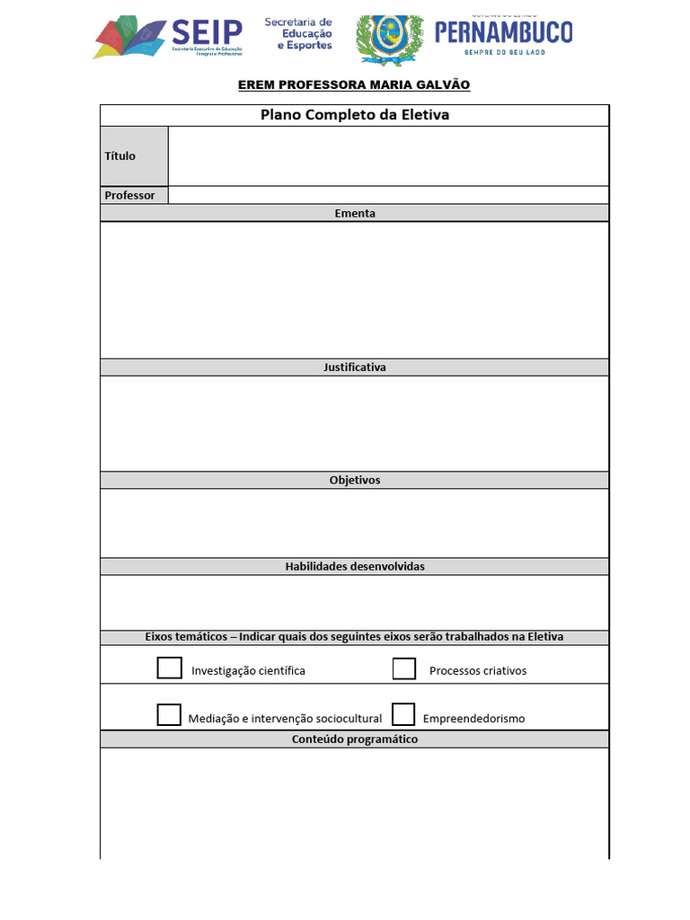 Modelo de Eletiva para Preencher | PDF