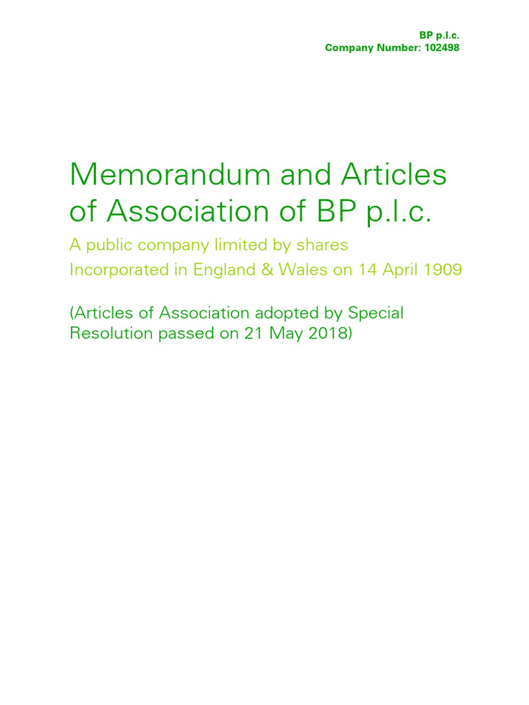 BP Memorandum and Articles of Association 2018 | PDF