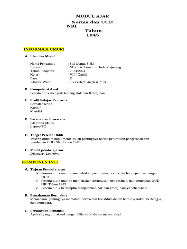 MODUL AJAR Pend Pancasila Bab II Kls 7 | PDF