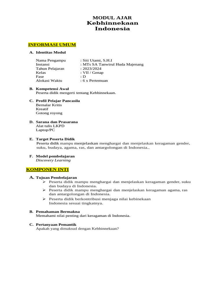 MODUL AJAR Pend Pancasila Bab IV Kls 7 | PDF