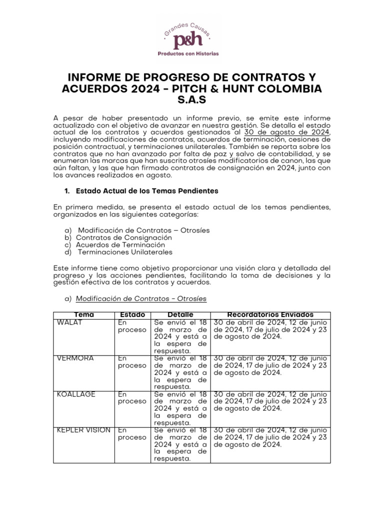 Informe de Progreso de Contratos y Acuerdos 2024 | PDF