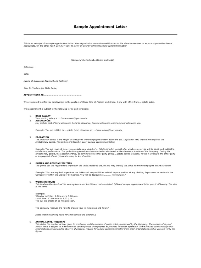Sample Appointment Letter | PDF | Working Time | Employment