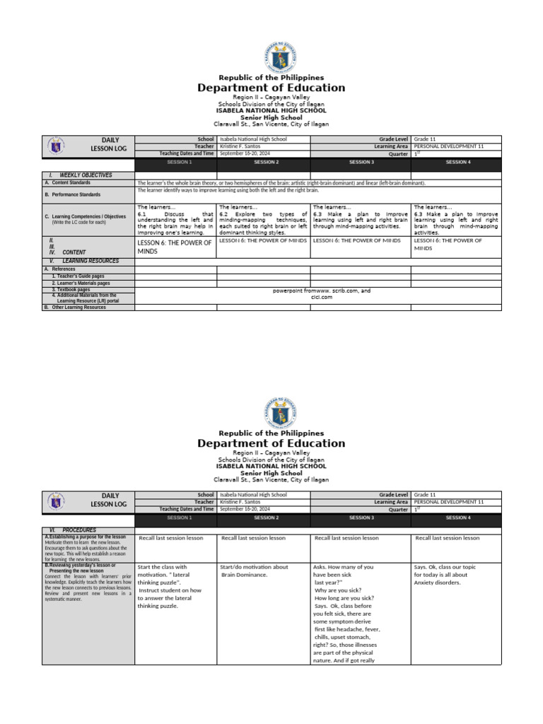 DLL Quarter 1 Week 6 Perdev 11 | PDF