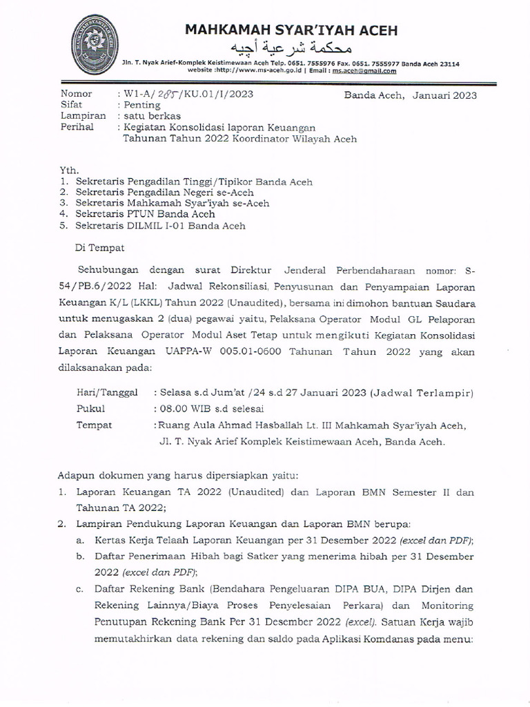 Surat Konsolidasi LK Dipa 01 Ta 2022 Wilayah Aceh | PDF