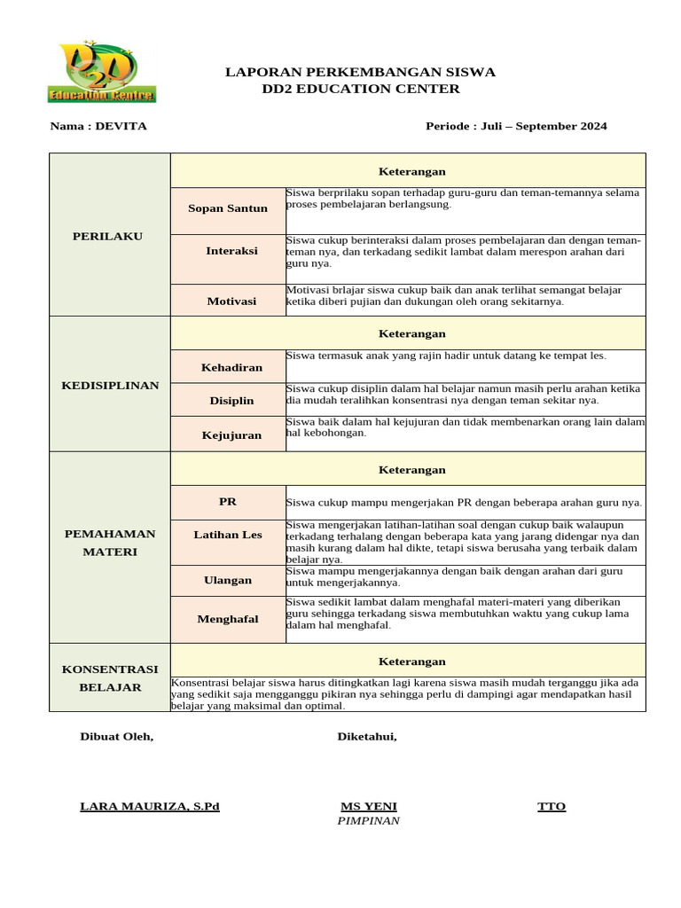 Laporan Perkembangan Devita | PDF
