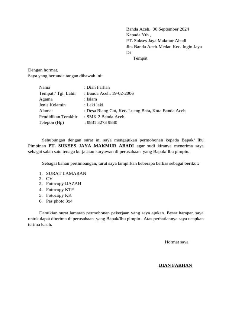 Surat Lamaran Farhan | PDF