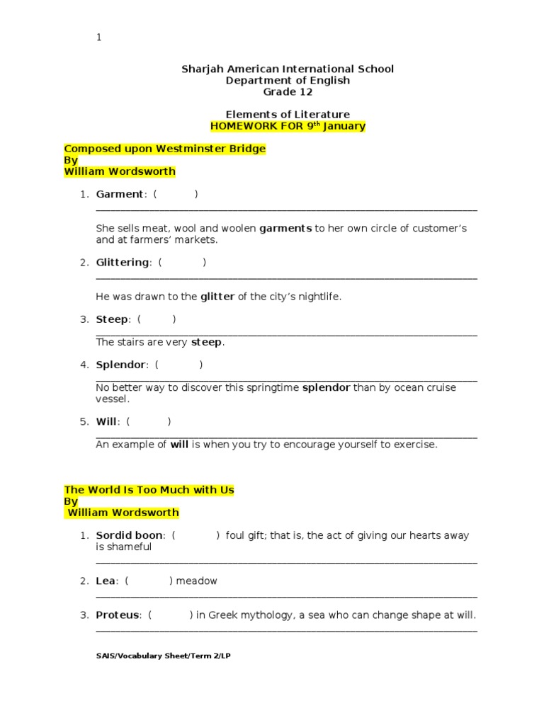 Vocabulary Homework for Grade 12 English | PDF