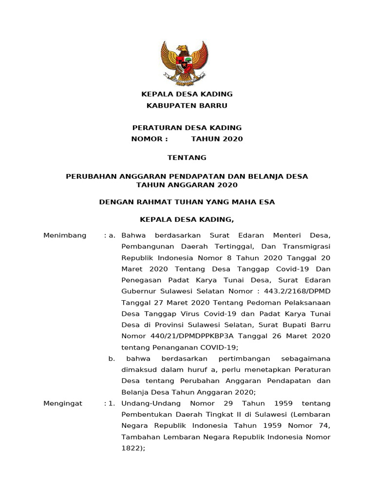 Perdes Apbdesa Perubahan 2020 | PDF