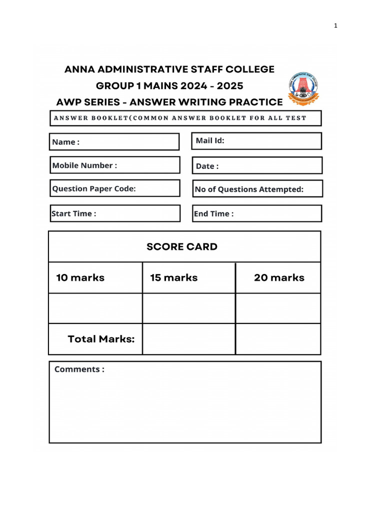 AWP Series - GS Paper 1 (Tamil) - Answer Sheet | PDF
