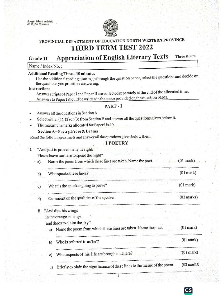 Grade 11 Appreciation of English Literary Texts 3rd Term Test Paper ...