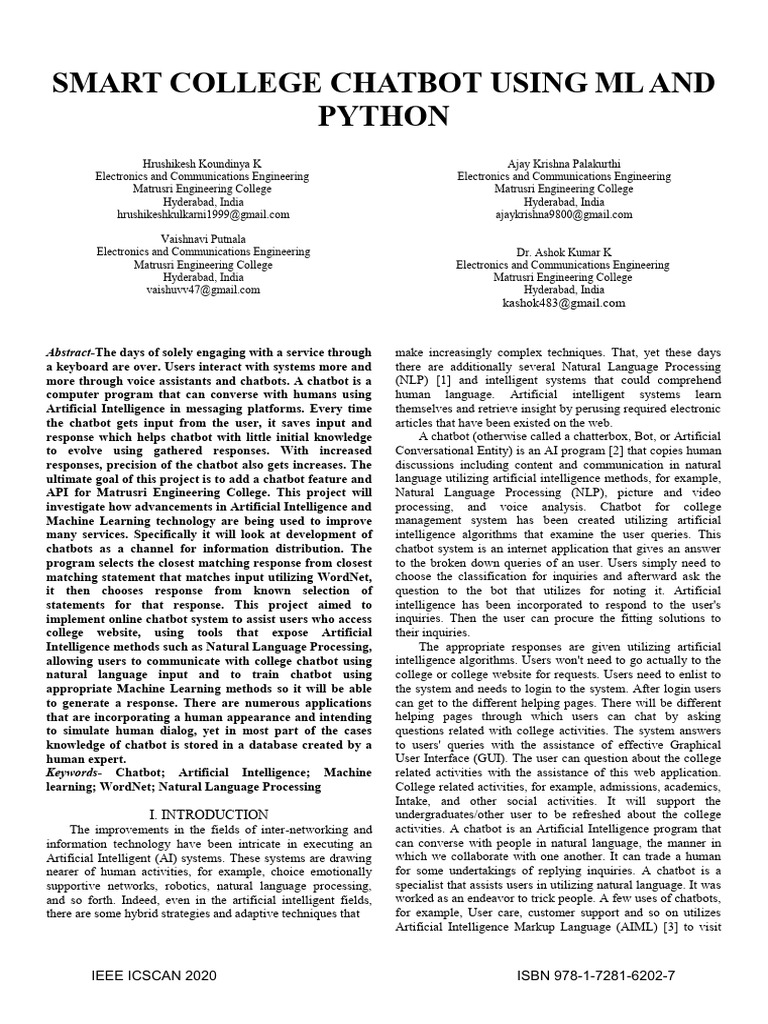 Smart College Chatbot Using ML and Python | PDF