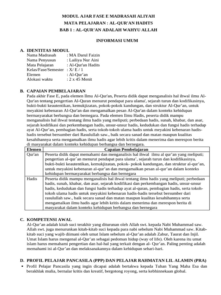 Modul Qurdis 10 Bab 1 - Al-Qur'an Adalah Wahyu Allah | PDF