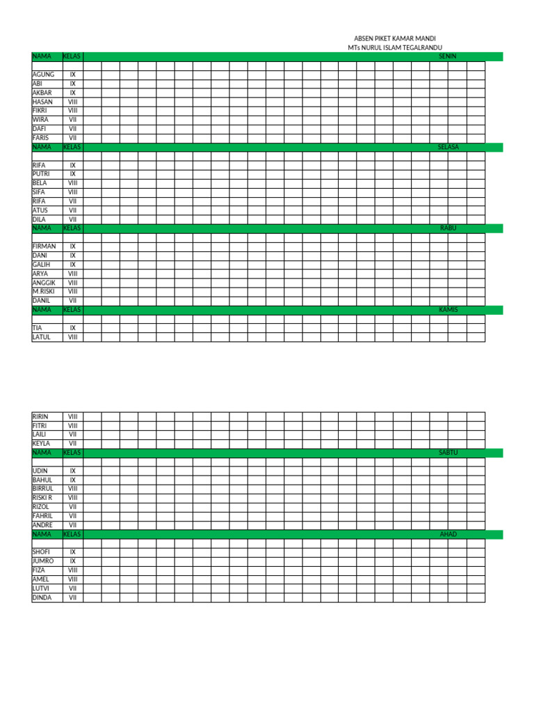 Absen Piket Kamar Mandi | PDF