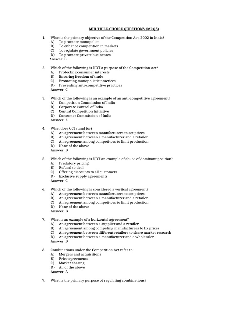 Competition Act, MCQ With Answers | PDF
