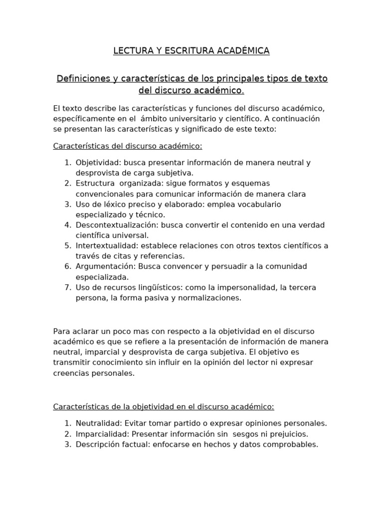 Caracteristicas Del Discurso Academico | PDF