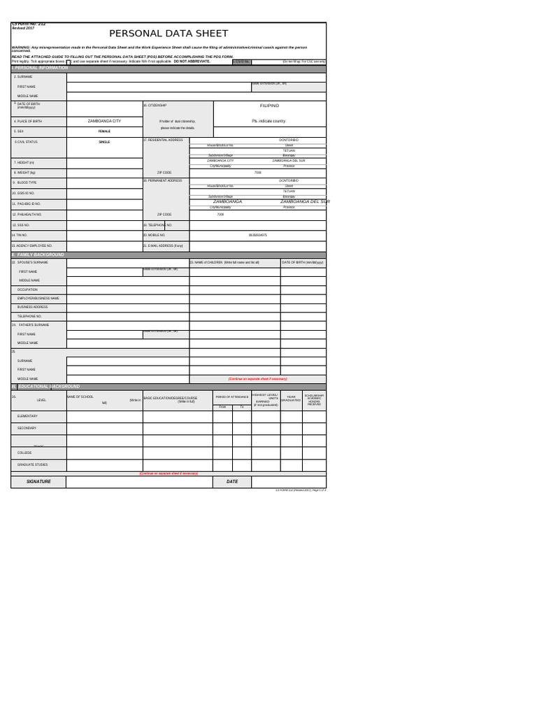 CS Form No. 212 Personal Data Sheet revised | PDF