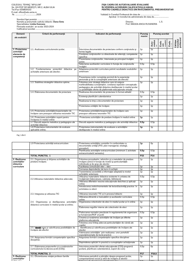Fisa de Autoevaluare Cadre Didactice 2023 - 2024 Gota | PDF
