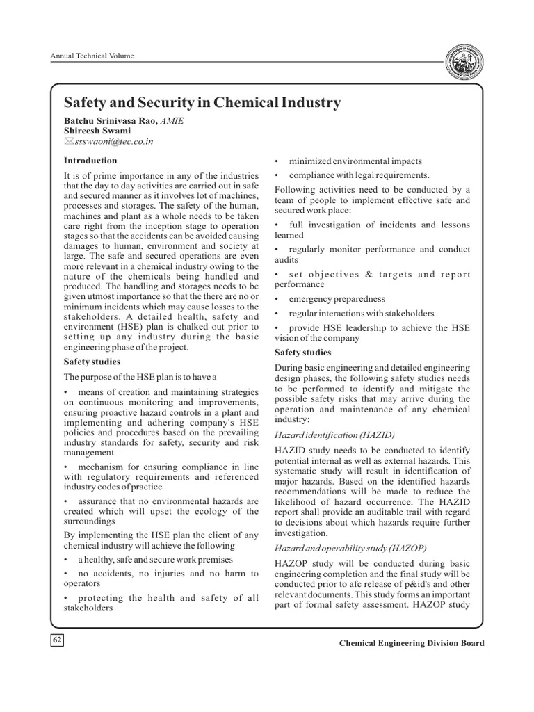 Safety and Security in Chemical Industry | PDF