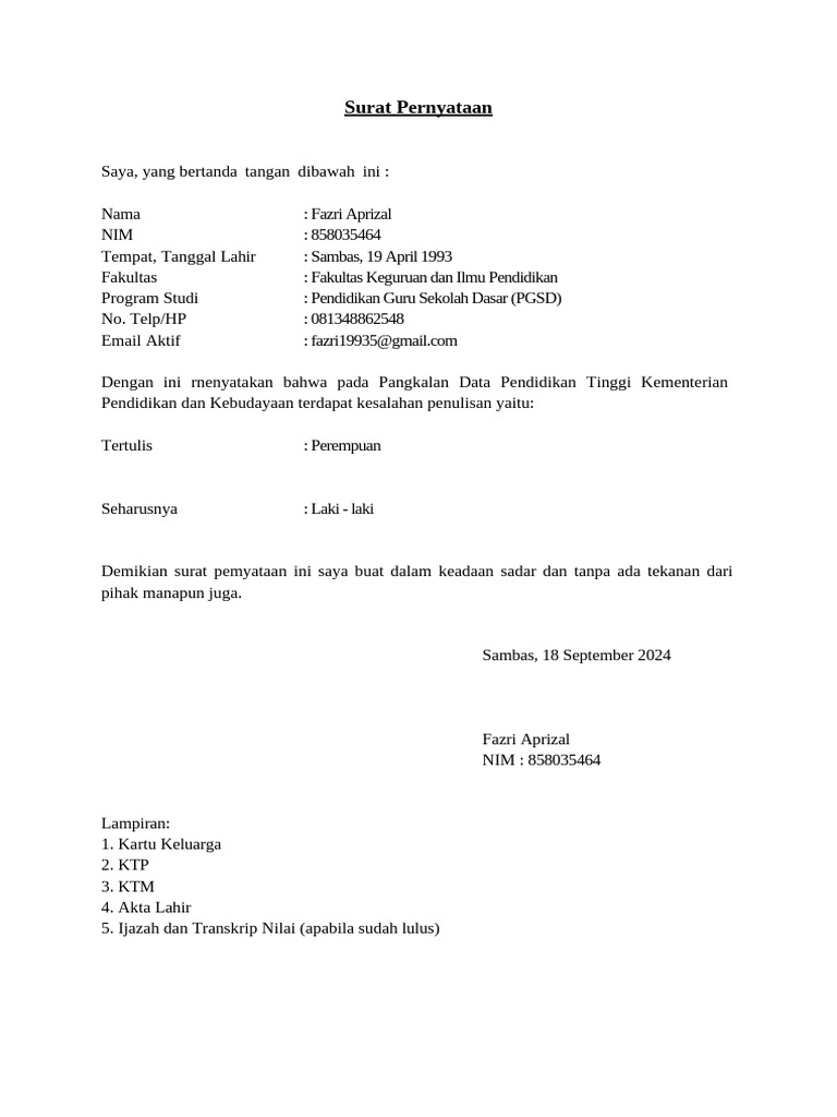 Surat Pernyataan Perubahan PDDIKTI 2024 | PDF