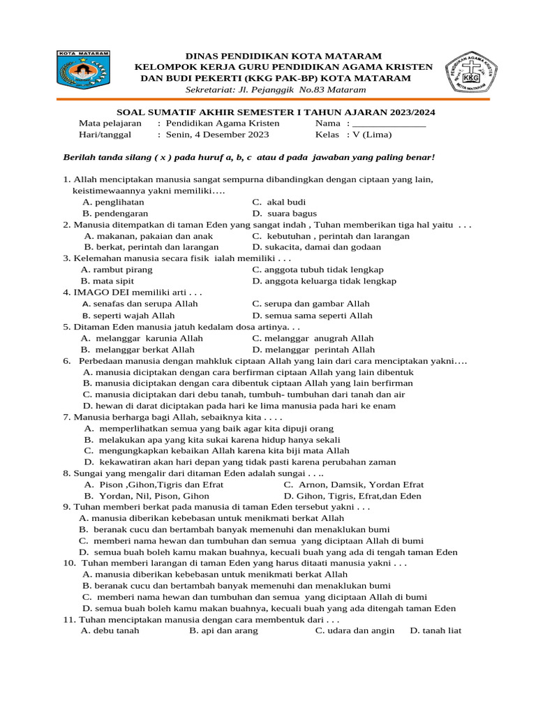 Soal Aas Pak k13 Kls 5 SMSTR 1 | PDF