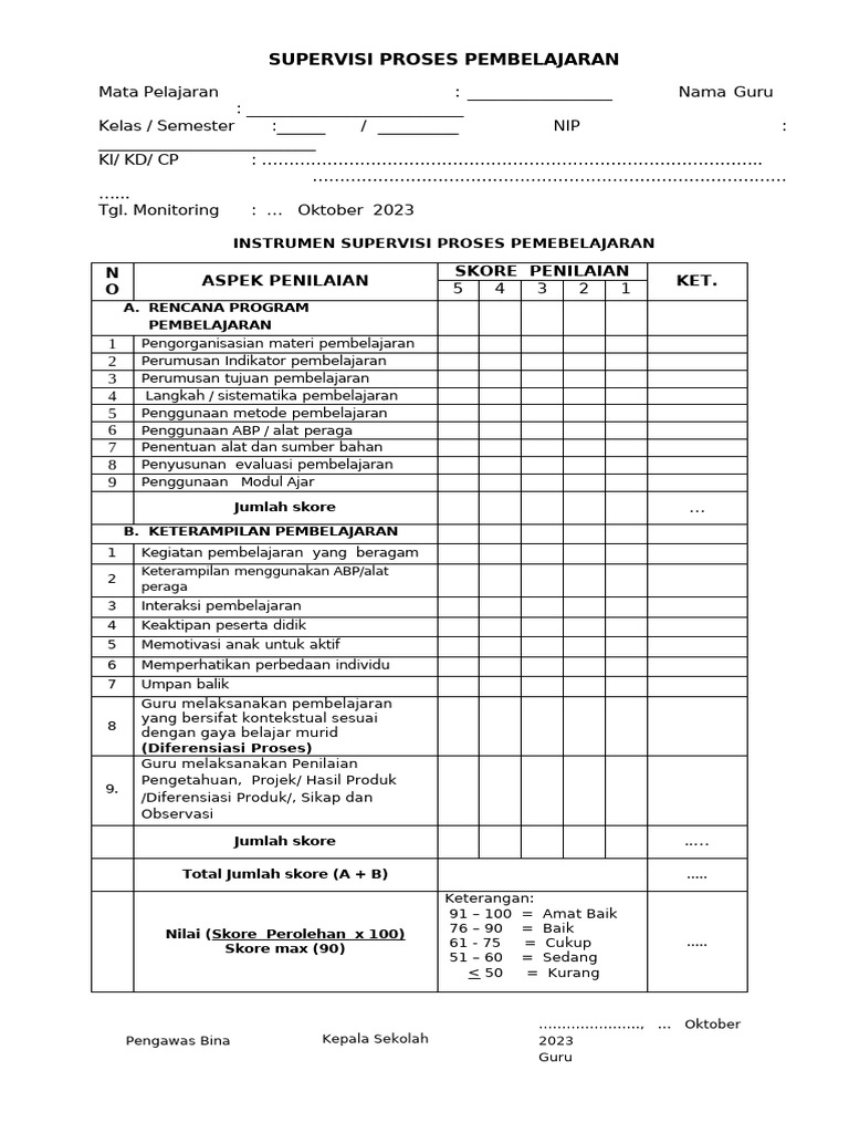 Instrumen Supervisi KBM - (Okt-Des) 2023 | PDF