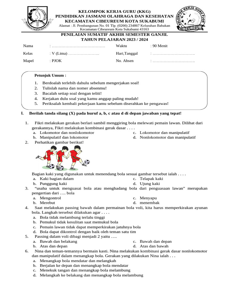 Naskah Soal SAS PJOK Kelas V Semester Ganjil 2023-2024 | PDF