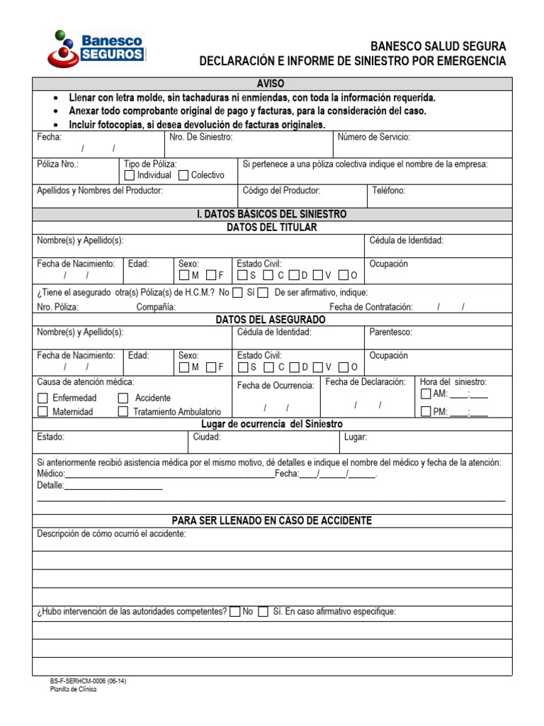Planilla de Declaracion de Siniestros | PDF | Póliza de seguros | Cirugía