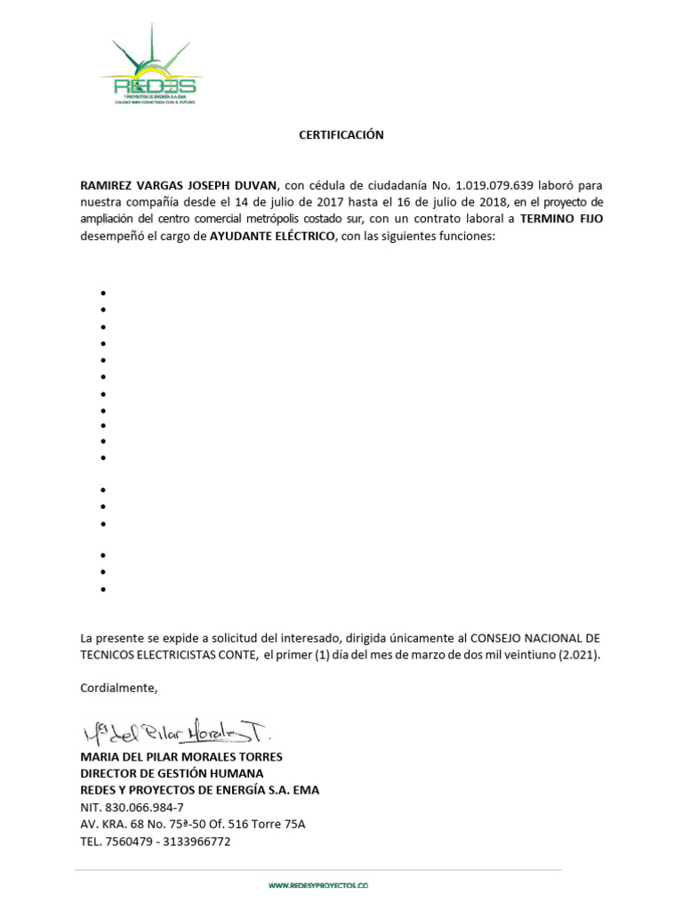 Certificado Con Funciones R1 RAMIREZ VARGAS JOSEPH DUVAN | PDF