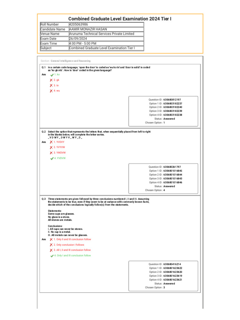 SSC CGL Score Card | PDF