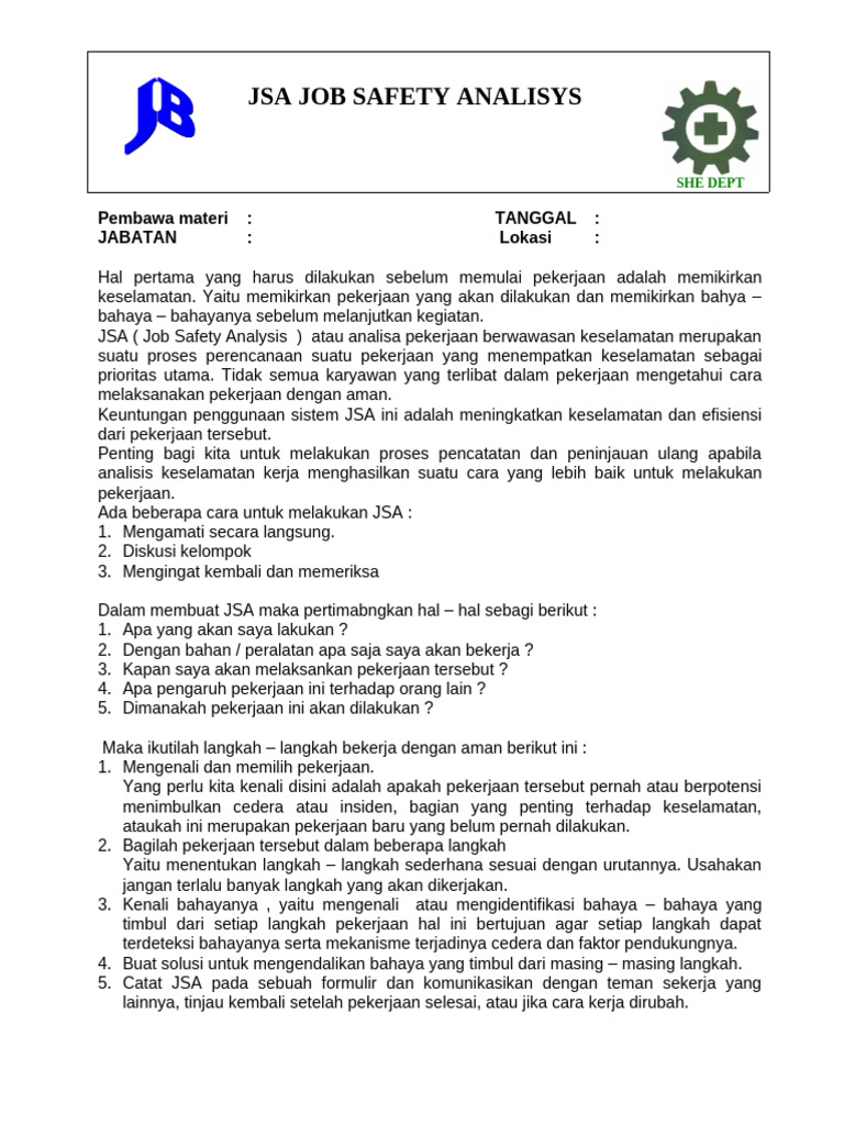 Materi Safety Talk Jsa | PDF