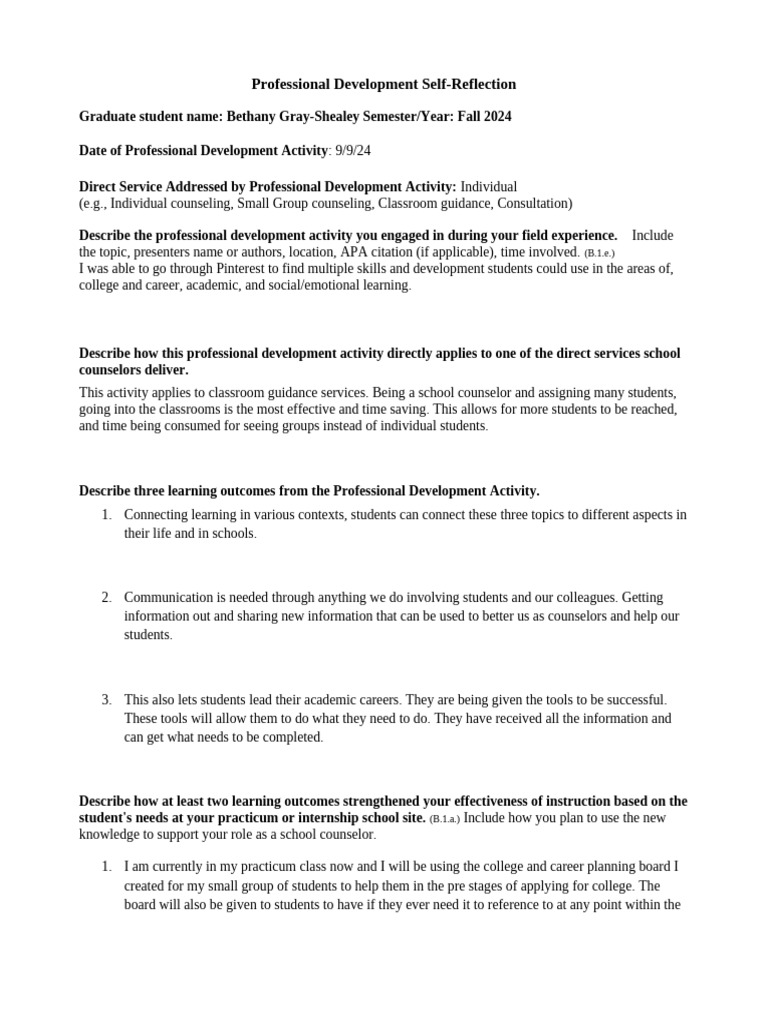 Professional Development Self Reflection | PDF