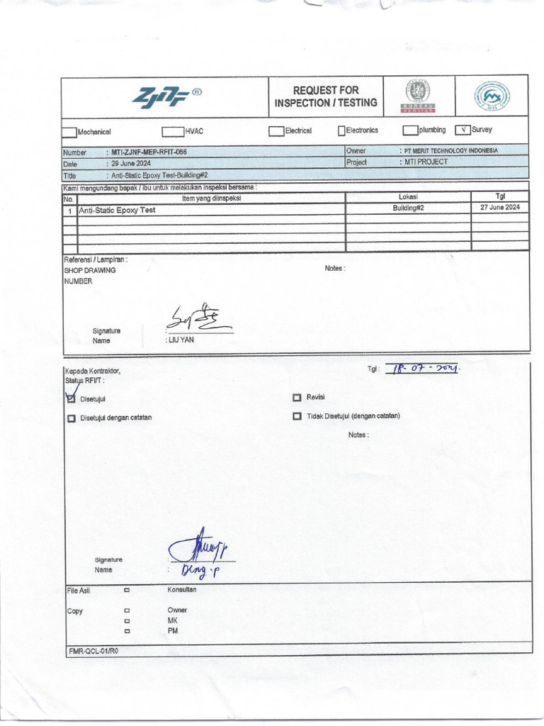 MTI-ZJNF-MEP-RFIT-066 Anti-Static Epoxy Test-Building#2 | PDF